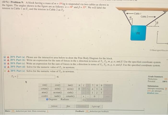 Solved (11\%) Problem 9: A block having a mass of m=19 kg is | Chegg.com