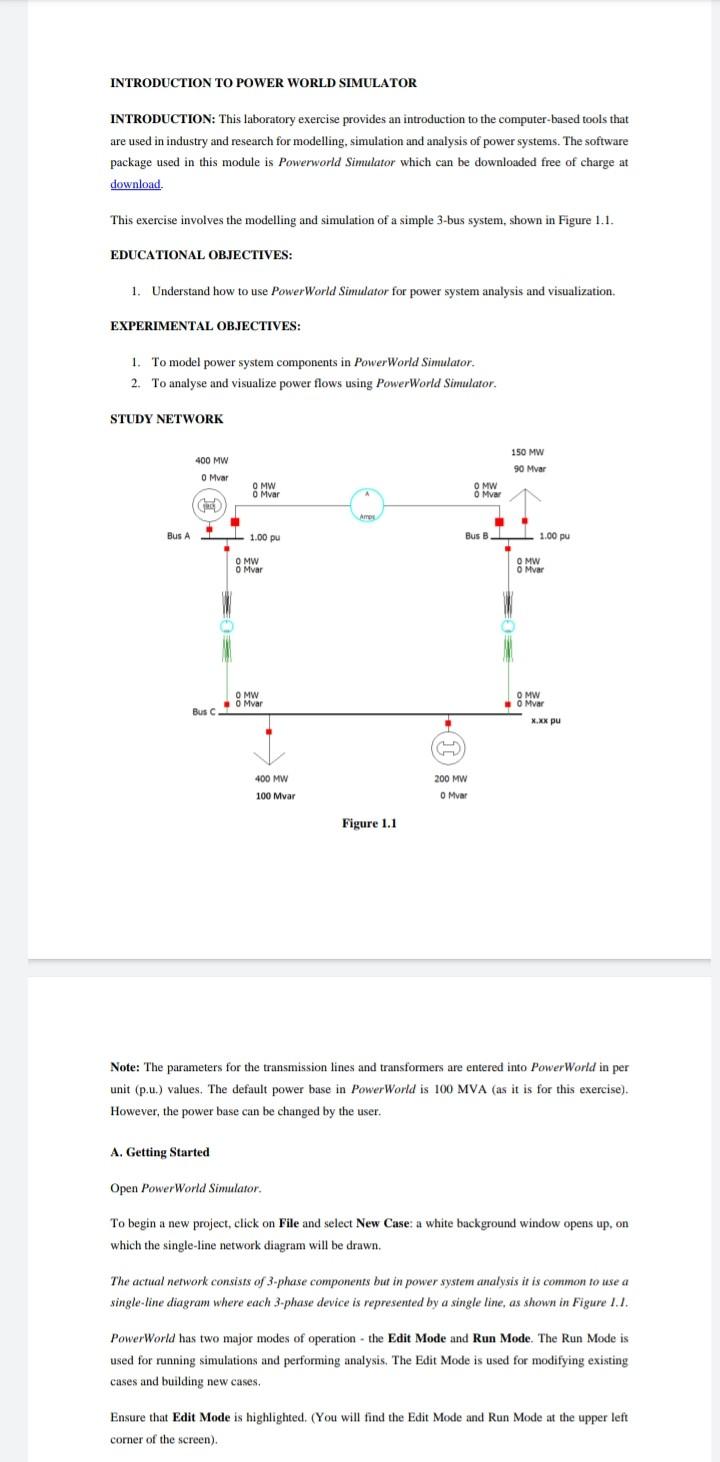 Solved INTRODUCTION TO POWER WORLD SIMULATOR INTRODUCTION: | Chegg.com