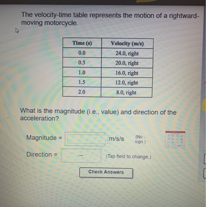 Solved The velocity-time table represents the motion of a | Chegg.com