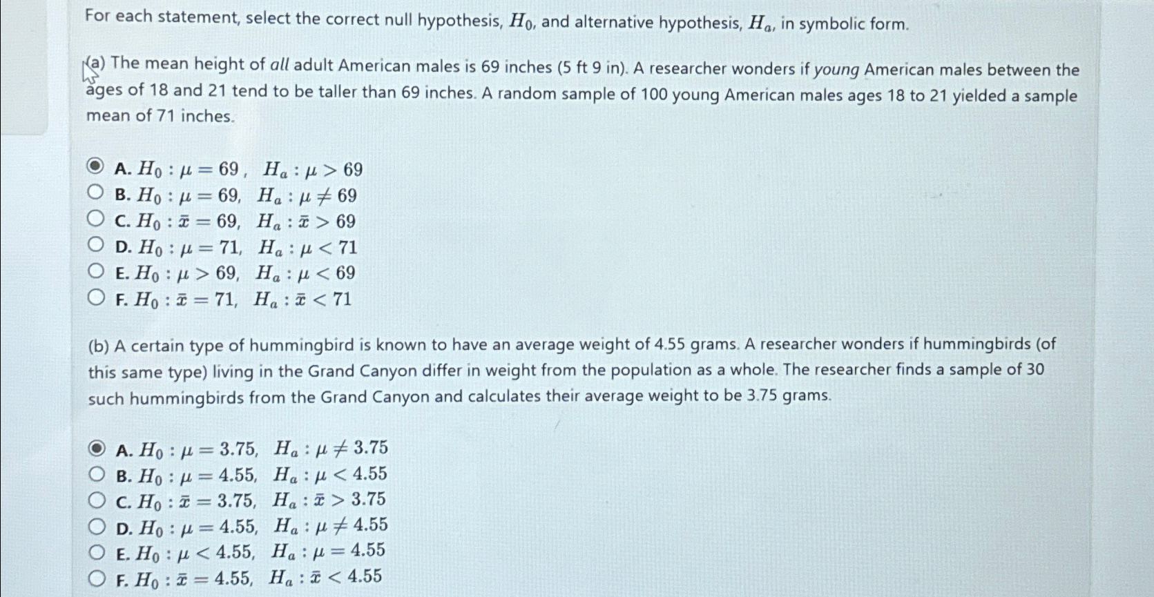 Solved For each statement, select the correct null | Chegg.com
