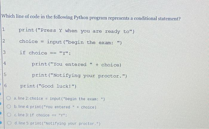 Solved Which line of code in the following Python program | Chegg.com