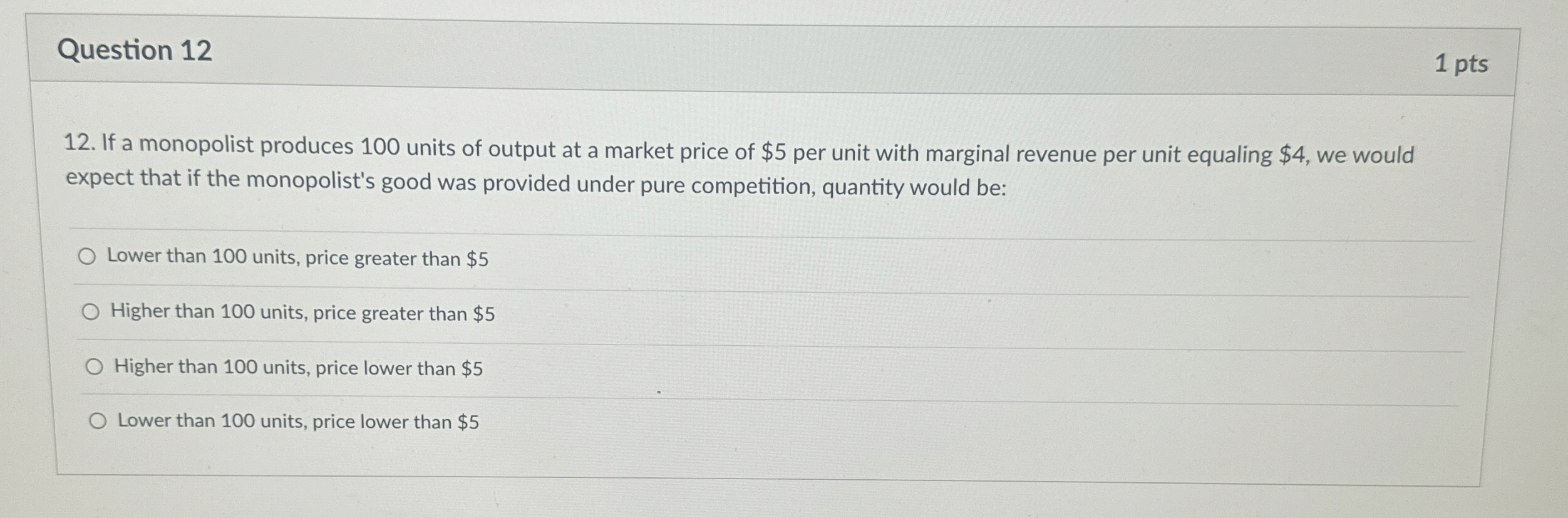 Solved Question 121 ﻿pts12. ﻿If a monopolist produces 100 | Chegg.com
