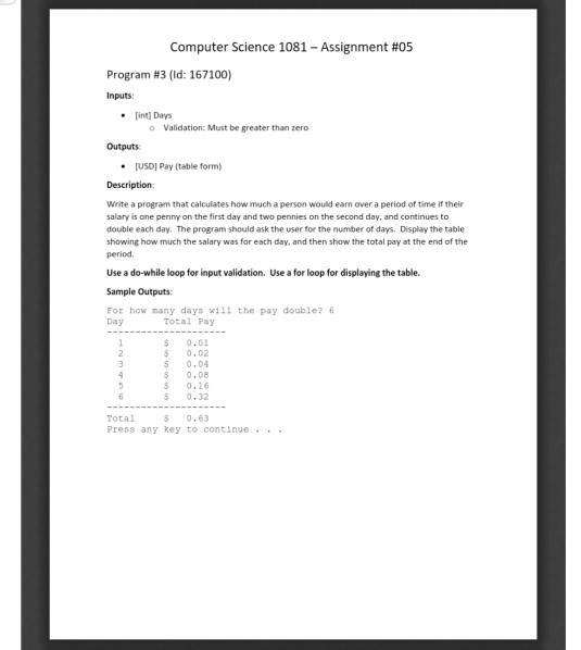 Solved Computer Science 1081 - Assignment #05 Program #3 | Chegg.com