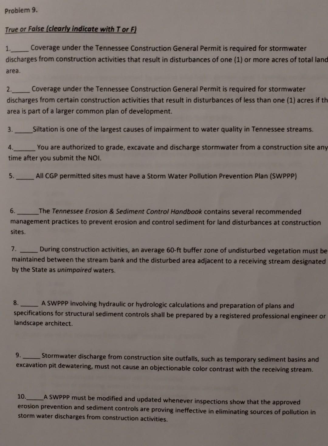 Solved Problem 9. True or False (clearly indicate with T or | Chegg.com