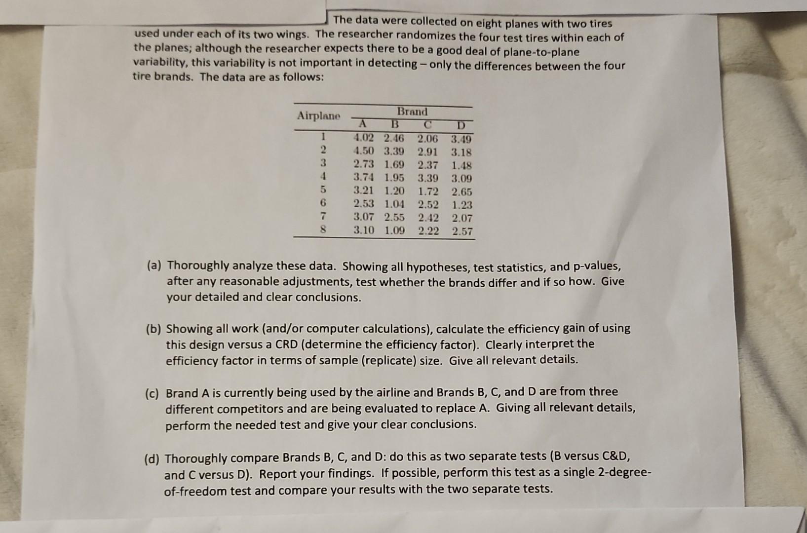 Solved The data were collected on eight planes with two | Chegg.com