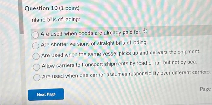 Solved Question 10 (1 point) Inland bills of lading: Are | Chegg.com