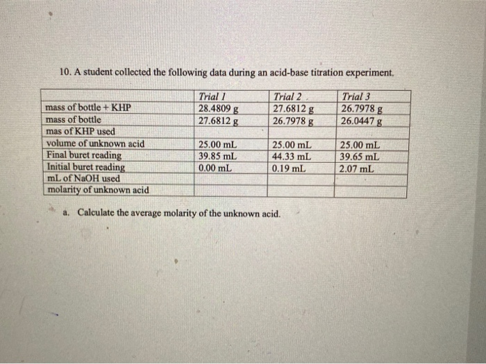 10. A student collected the following data during an | Chegg.com