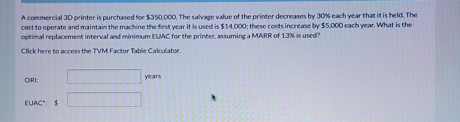 Solved A commercial 3D printer is purchased for $350,000. | Chegg.com