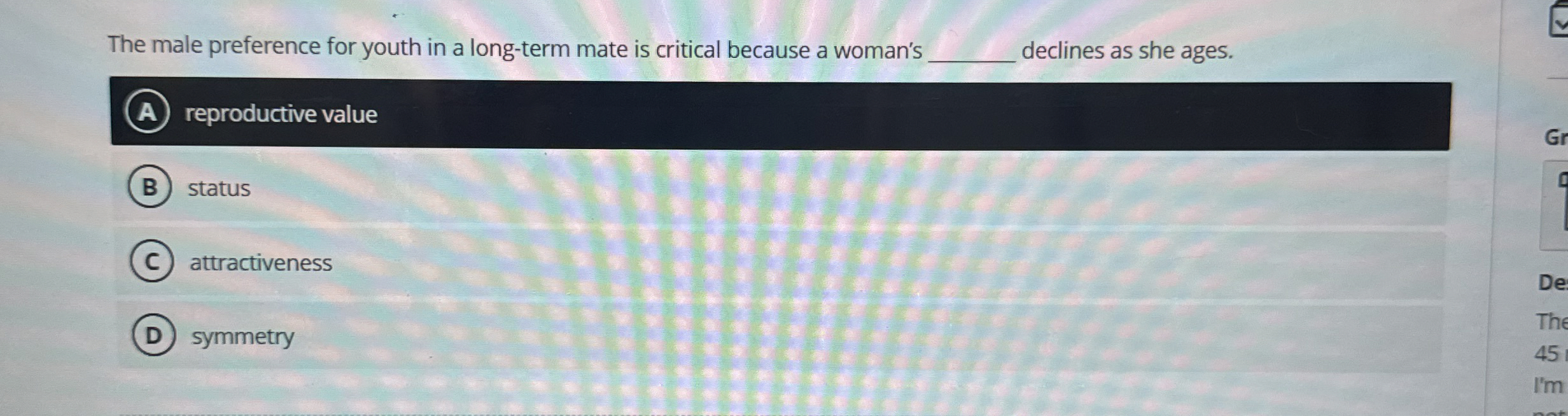 Solved The male preference for youth in a long-term mate is | Chegg.com