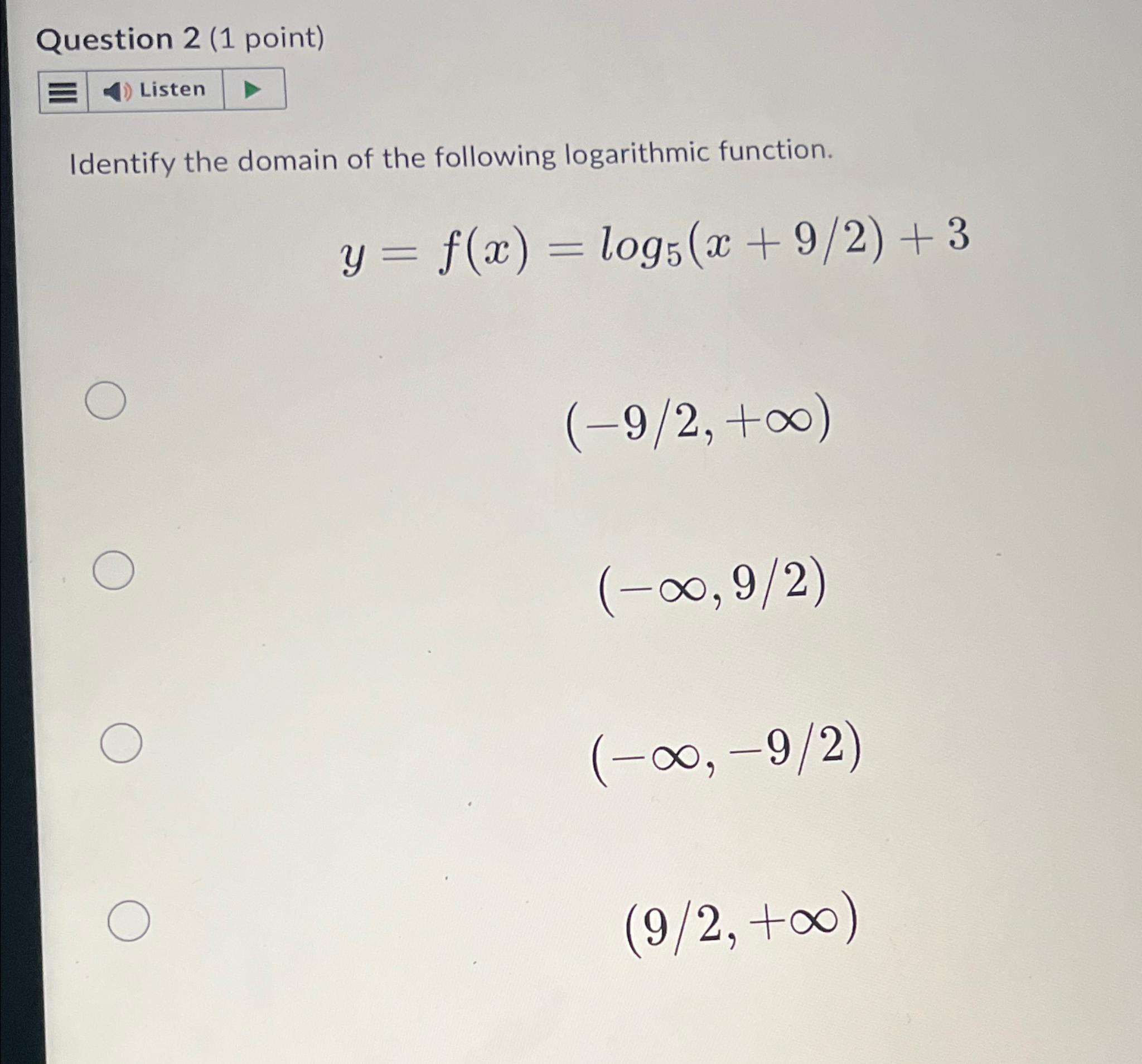 Solved Question 2 (1 ﻿point)Identify the domain of the | Chegg.com