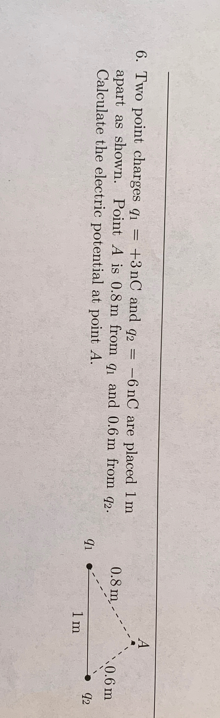 Solved Two point charges q1=+3nC ﻿and q2=-6nC ﻿are placed 1m | Chegg.com