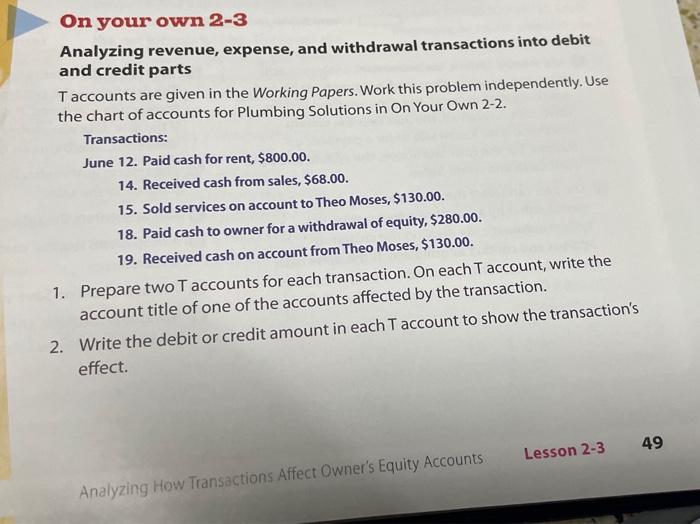 Solved On your own 2-2 Analyzing transactions into debit and | Chegg.com