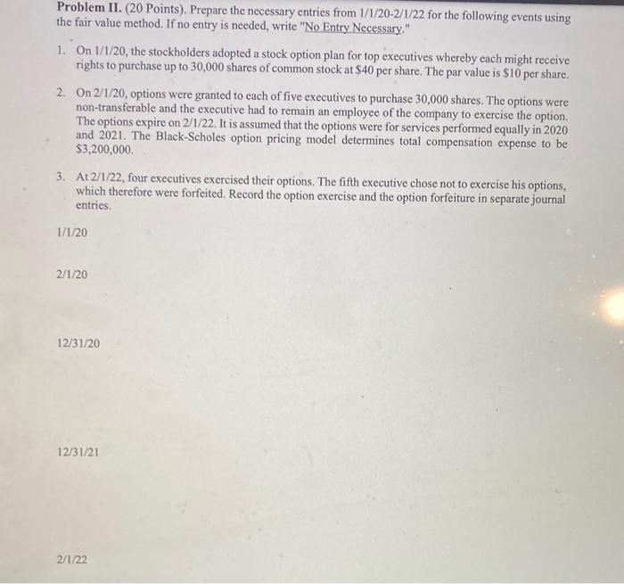 Solved Problem II. (20 Points). Prepare the necessary | Chegg.com