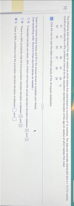 Solved The following data represent the age (in weeks) at | Chegg.com