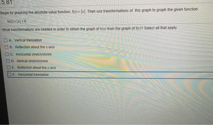 Solved .5.81 Begin by graphing the absolute value function, | Chegg.com