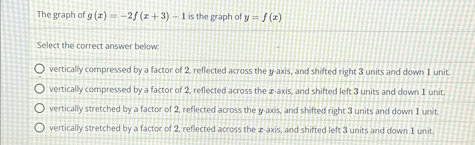 Solved The graph of g(x)=-2f(x+3)-1 ﻿is the graph of | Chegg.com