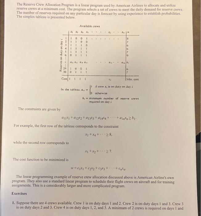 The Reserve Crew Allocation Program is a linear | Chegg.com