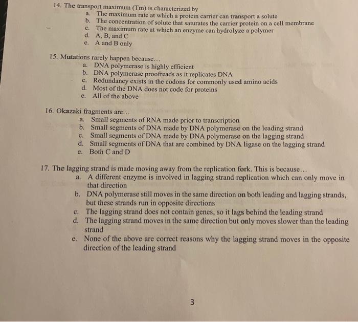 Solved a. 14. The transport maximum (Tm) is characterized by | Chegg.com