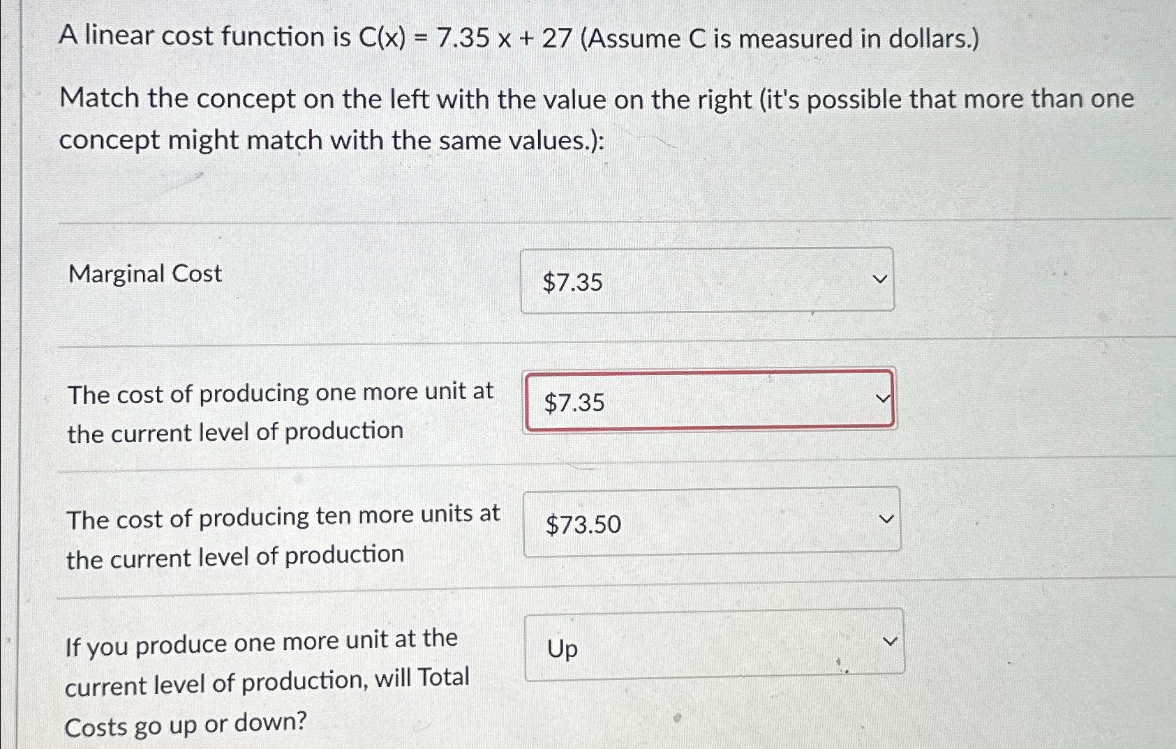 Solved A linear cost function is C(x)=7.35x+27 (Assume C ﻿is | Chegg.com