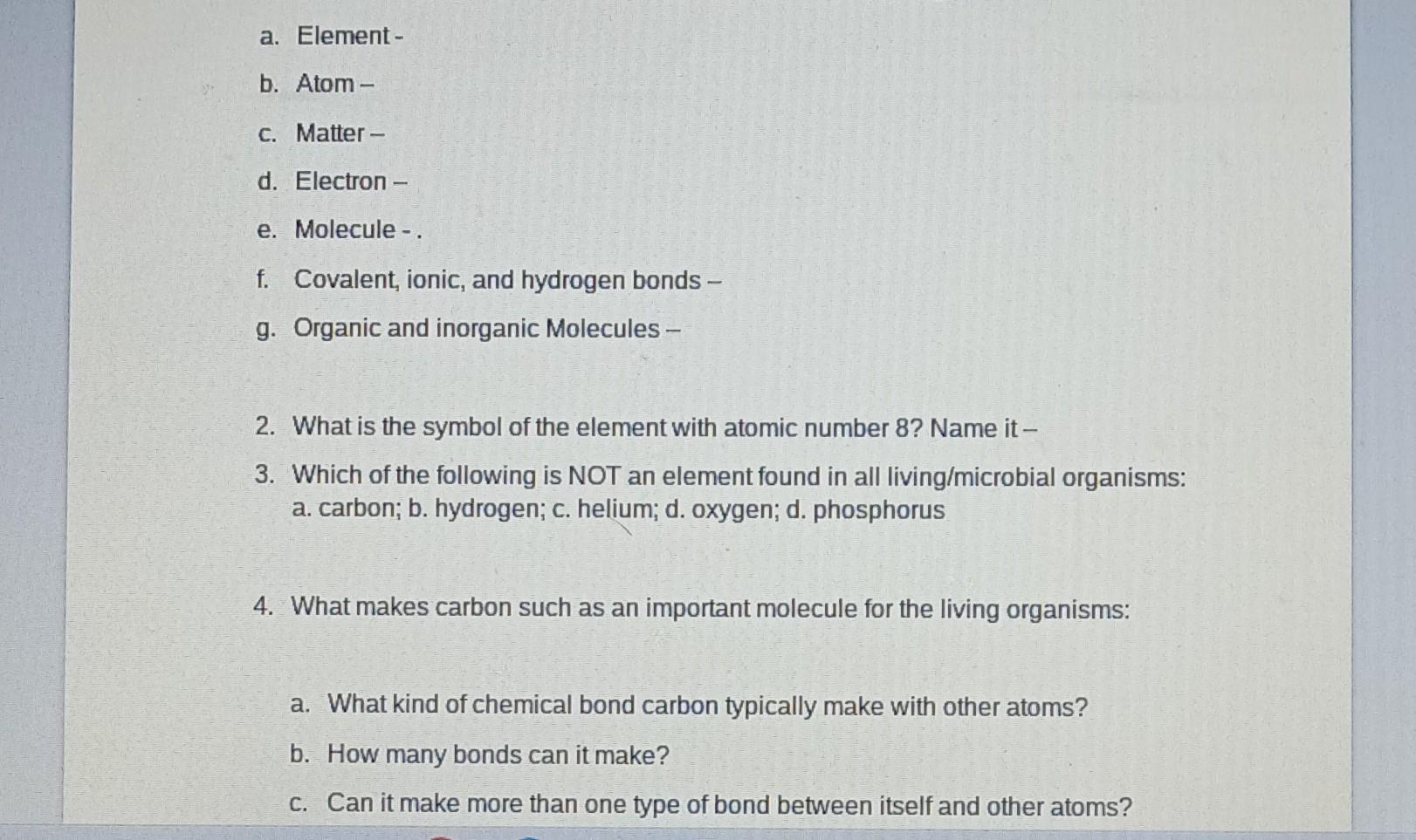 Solved a. Element - b. Atom - c. Matter - d. Electron - e. | Chegg.com