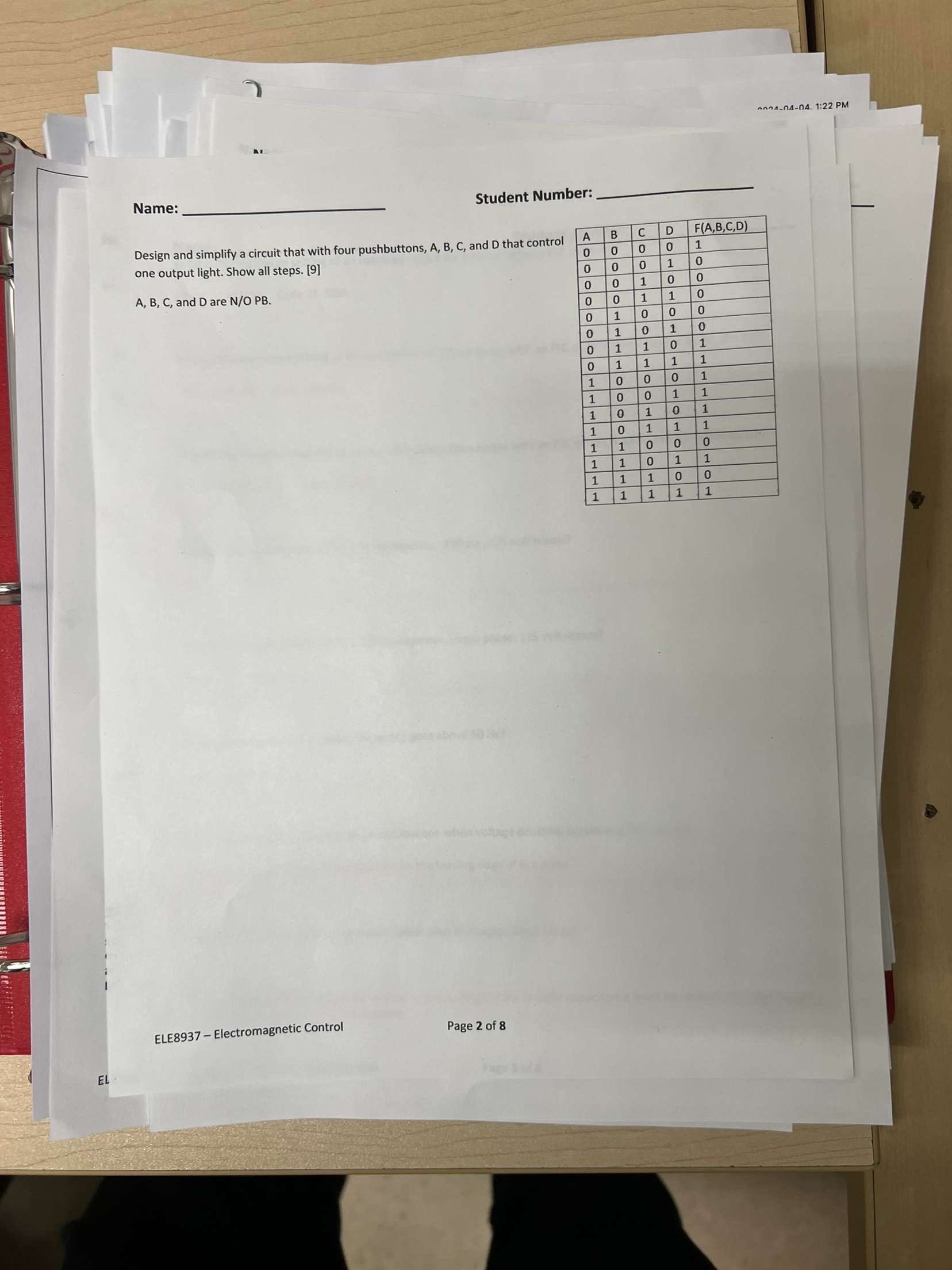 Name: Student Number: Design and simplify a | Chegg.com