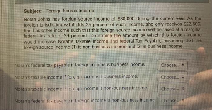 Solved Subject: Foreign Source Income Norah Johns has | Chegg.com