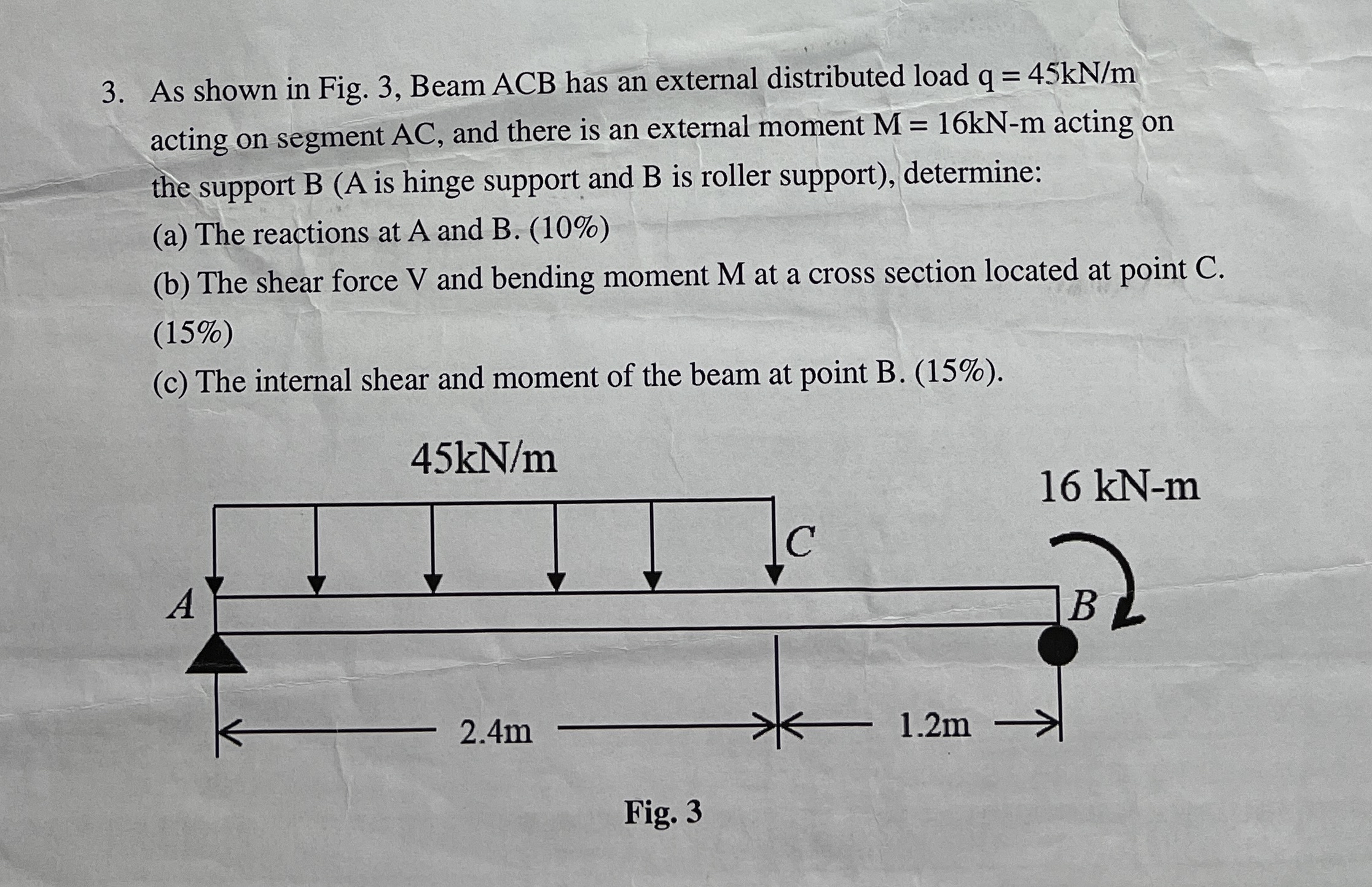 Solved As shown in Fig. 3, ﻿Beam ACB has an external | Chegg.com