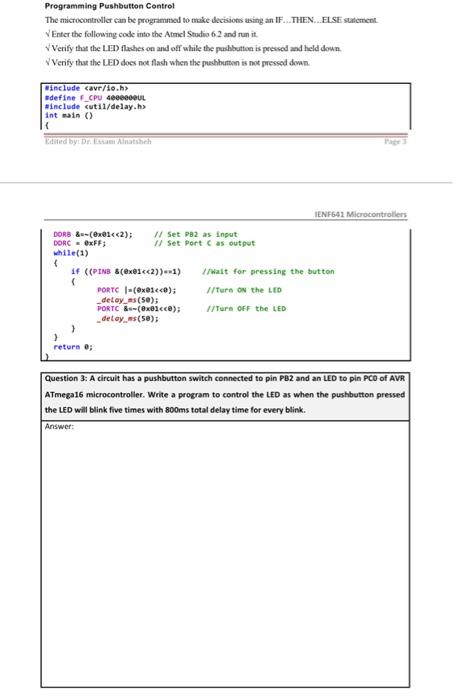 Solved Programming Pushbutton Control The microcontroller | Chegg.com