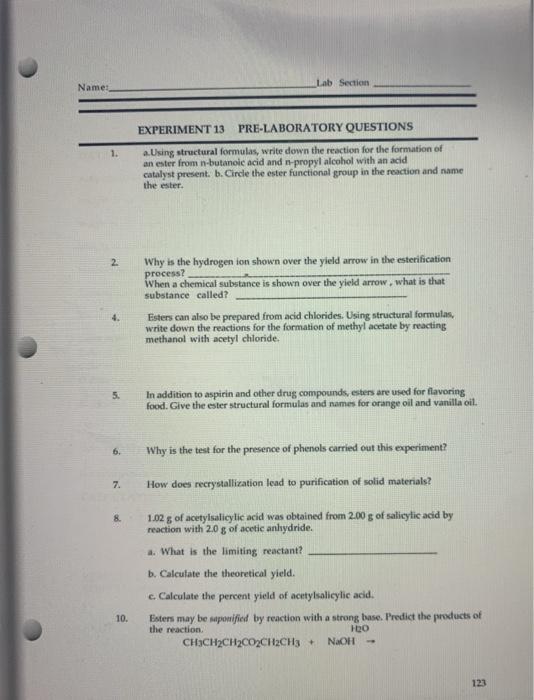 Solved Name: Lab Section 1. EXPERIMENT 13 PRE-LABORATORY | Chegg.com