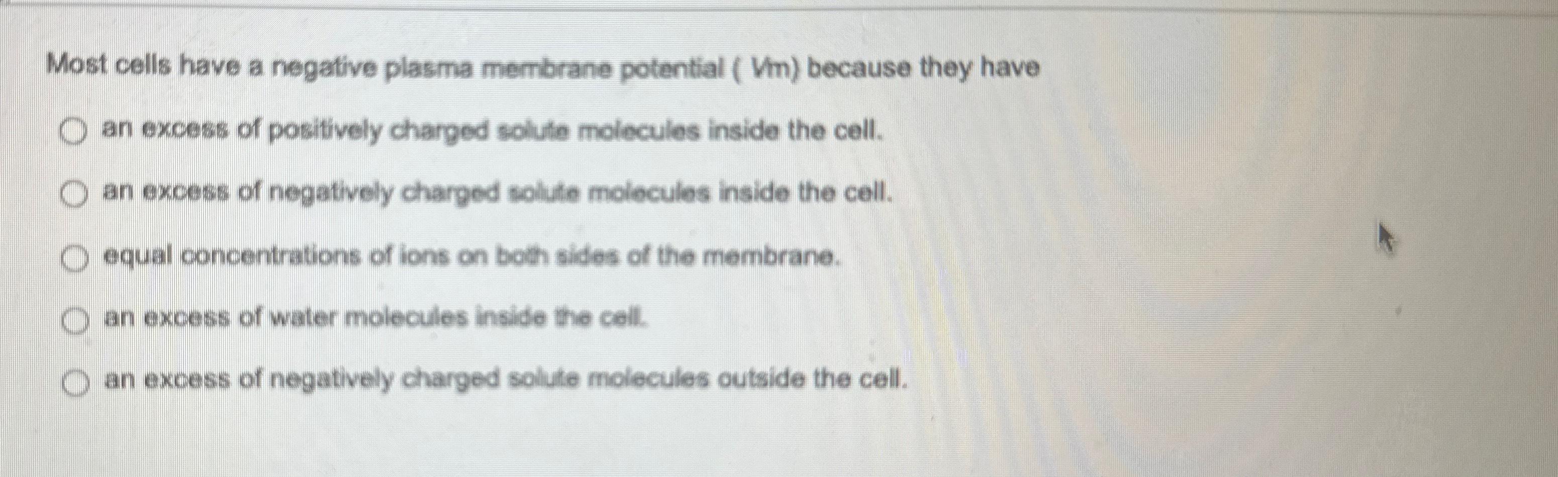 Solved Most cells have a negative plasma membrane potential | Chegg.com