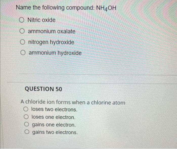 Solved Name the following compound: NH4OH Nitric oxide | Chegg.com