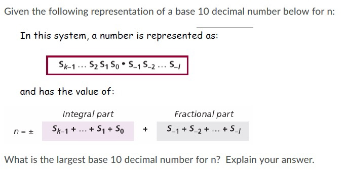 Solved Given the following representation of a base 10 | Chegg.com
