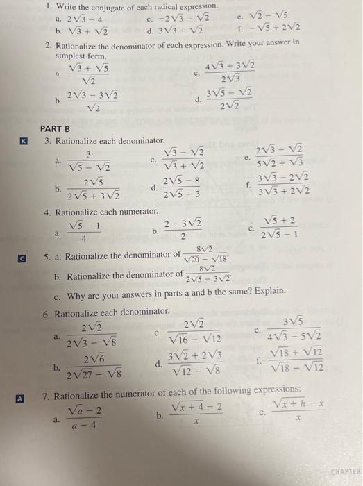 Solved 1. Write the conjugate of each radical expression. a. | Chegg.com