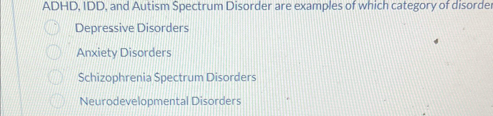 Solved ADHD, IDD, and Autism Spectrum Disorder are examples | Chegg.com