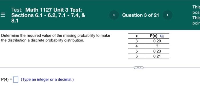 Solved Test: Math 1127 Unit 3 Test: Sections 6.1 - 6.2, 7.1 | Chegg.com