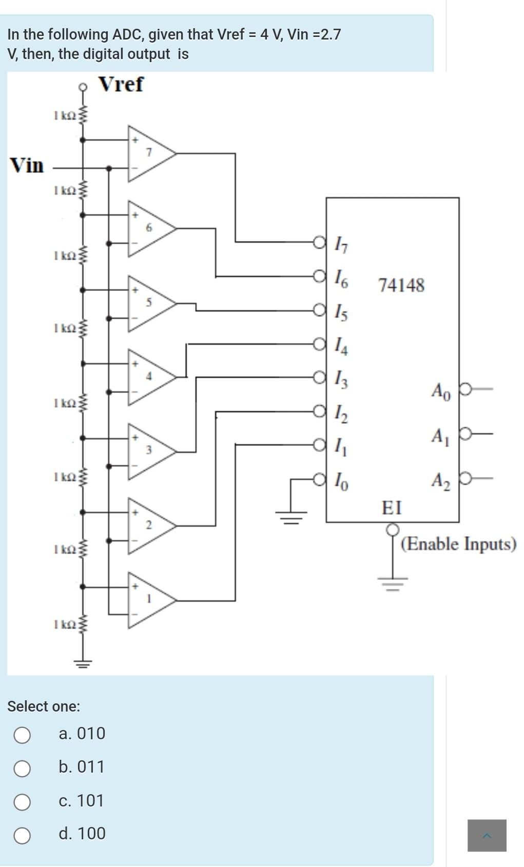 Solved In the following ADC, given that Vref =4V,Vin=2.7 V, | Chegg.com