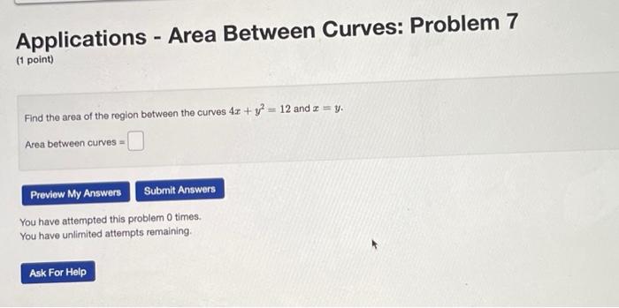 Solved - Applications - Area Between Curves: Problem 7 (1 | Chegg.com