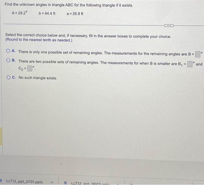 Solved Find the unknown angles in triangle ABC for the | Chegg.com
