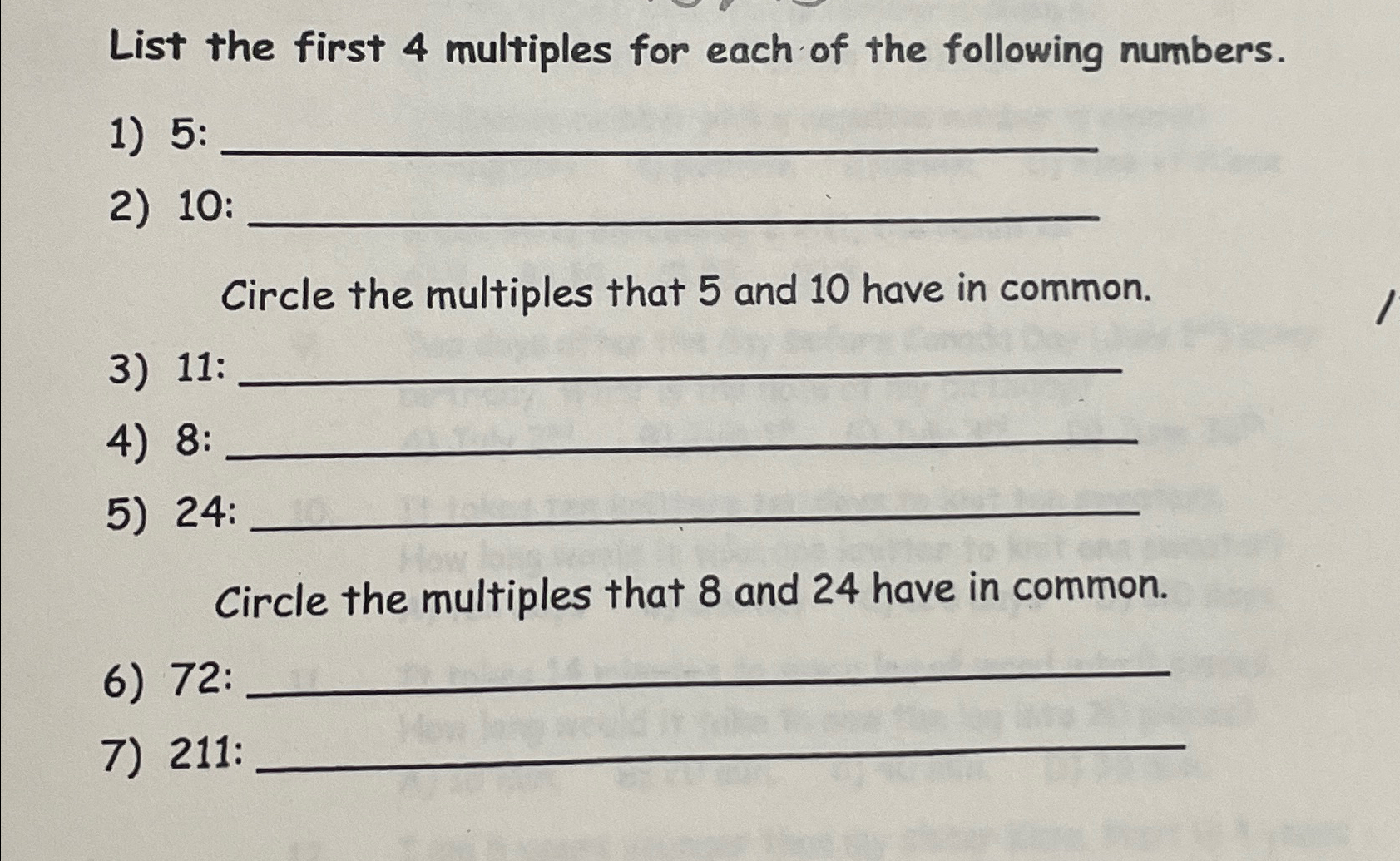 Solved List the first 4 ﻿multiples for each of the following | Chegg.com