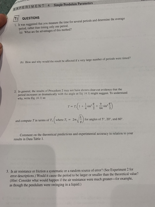 mel EXPERIMENT 4 Simple Pendulum Parameters TU | Chegg.com