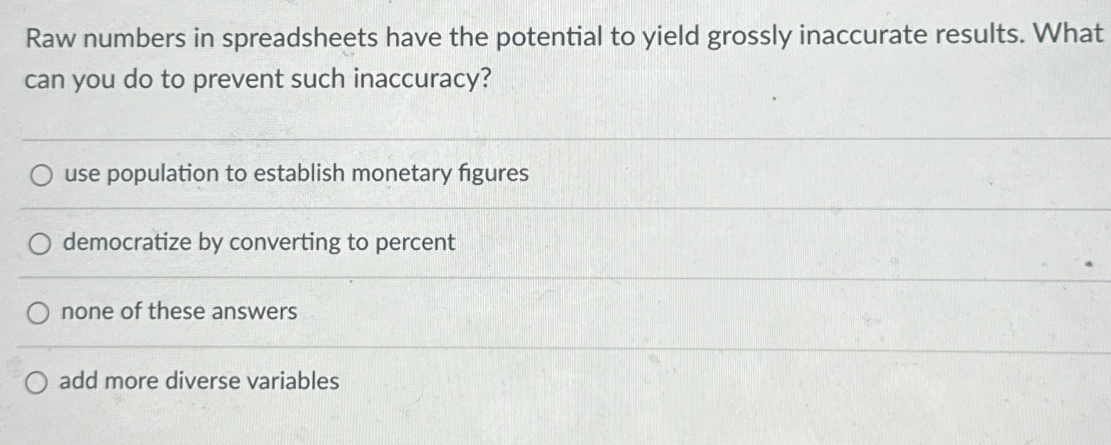 Solved Raw numbers in spreadsheets have the potential to | Chegg.com