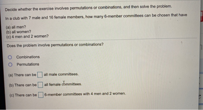Solved Decide whether the exercise involves permutations or | Chegg.com