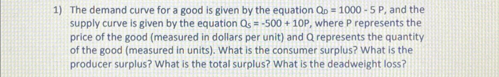 Solved The demand curve for a good is given by the equation | Chegg.com