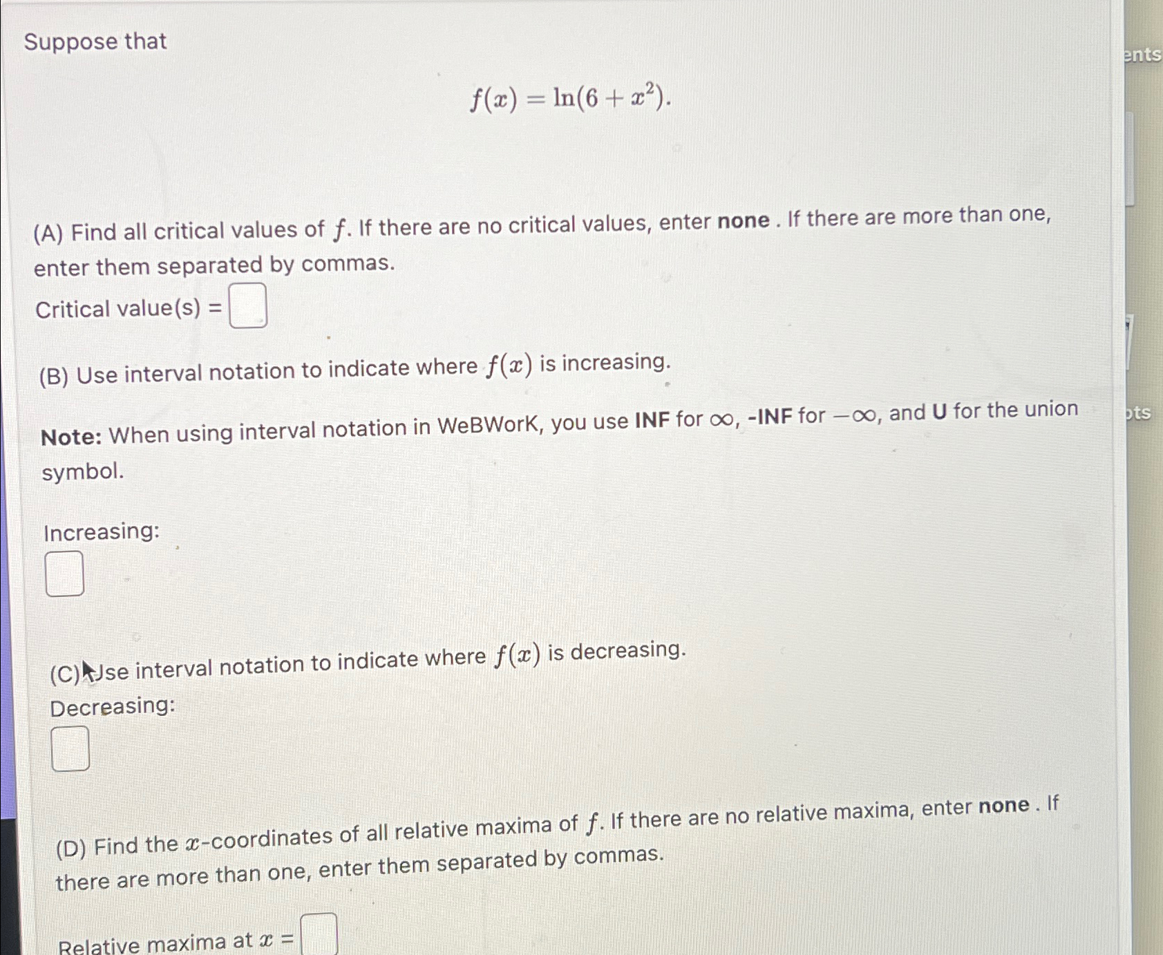 Solved Suppose thatf(x)=ln(6+x2).(A) ﻿Find all critical | Chegg.com