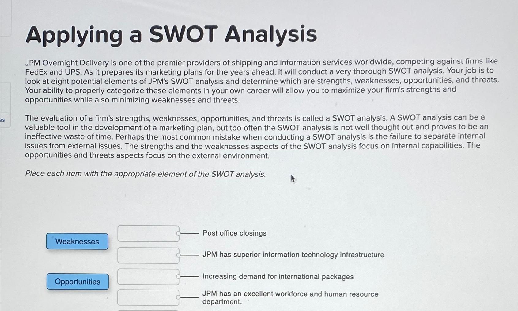 Solved Applying a SWOT AnalysisJPM Overnight Delivery is one | Chegg.com
