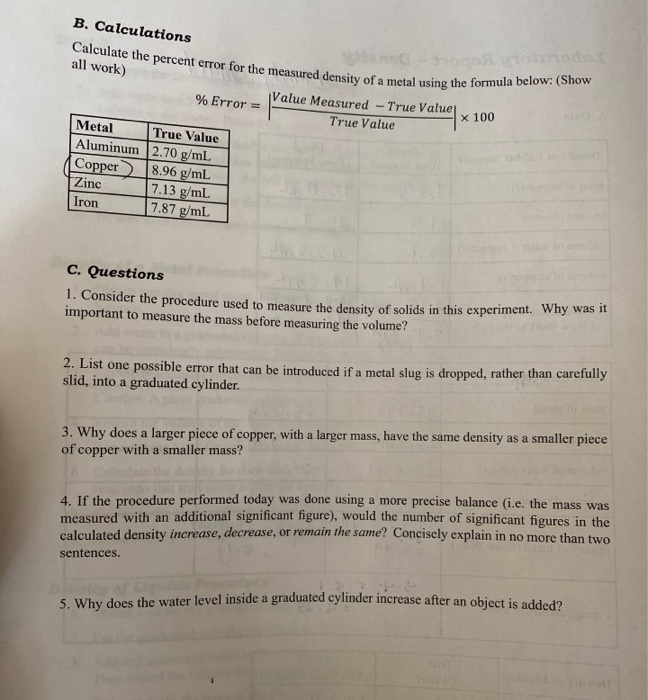B. Calculations Calculate the percent error for the | Chegg.com