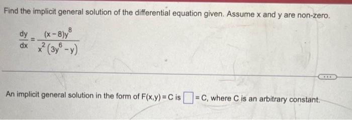 Solved Find the implicit general solution of the | Chegg.com