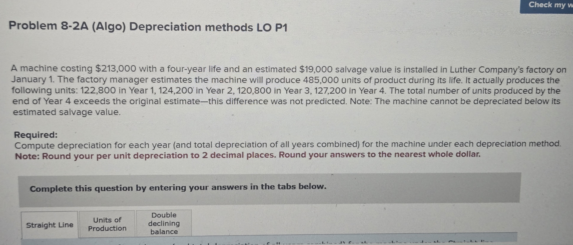 Problem 8-2A (Algo) ﻿Depreciation methods LO P1A | Chegg.com