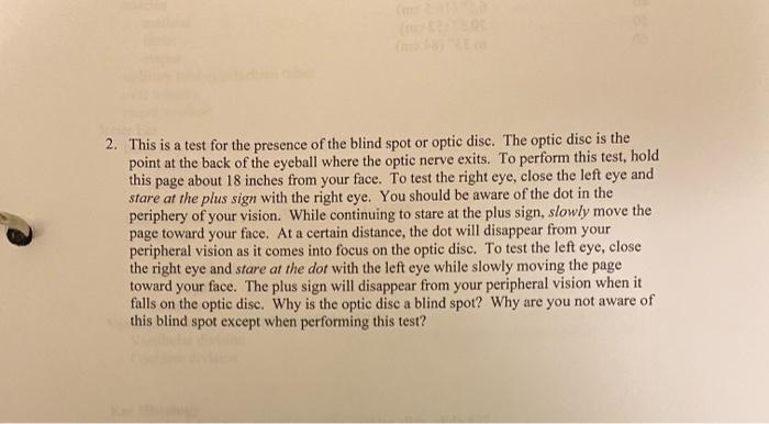 Solved 2. This is a test for the presence of the blind spot | Chegg.com
