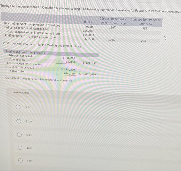 Solved Sparky Corporation uses the FIFO method of process | Chegg.com